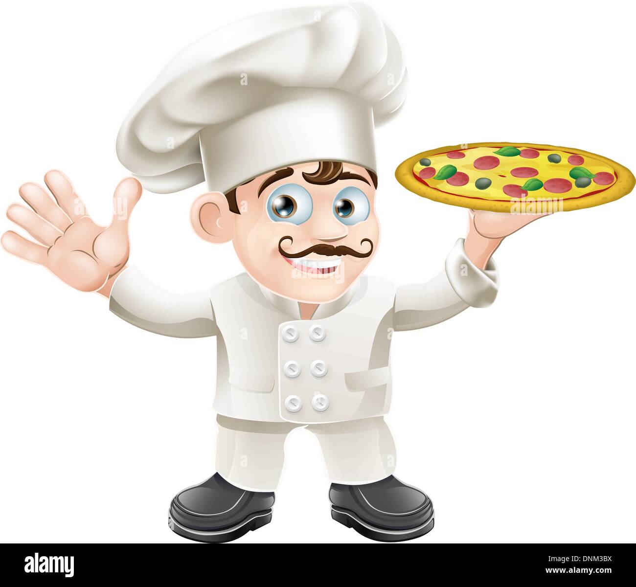 Cartoon happy waving Italian pizza chef with curly moustache Stock ...