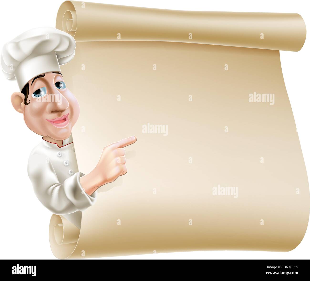 Illustration of a cartoon chef pointing at a scroll or banner perhaps a ...