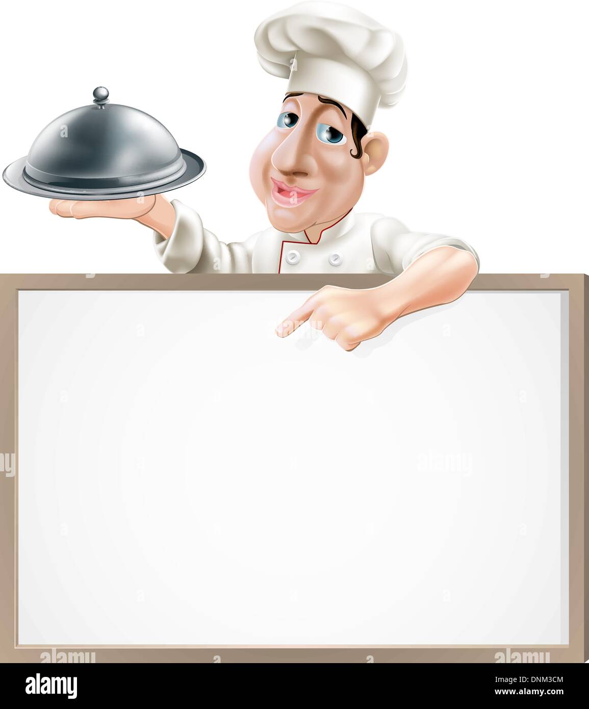A cartoon chef character holding a silver platter and pointing at a ...