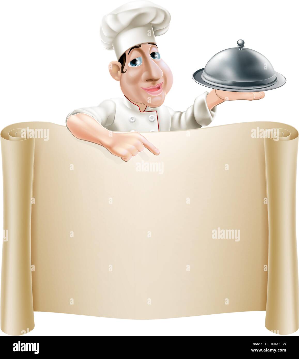A happy cartoon cook holding a silver platter or cloche pointing at a ...