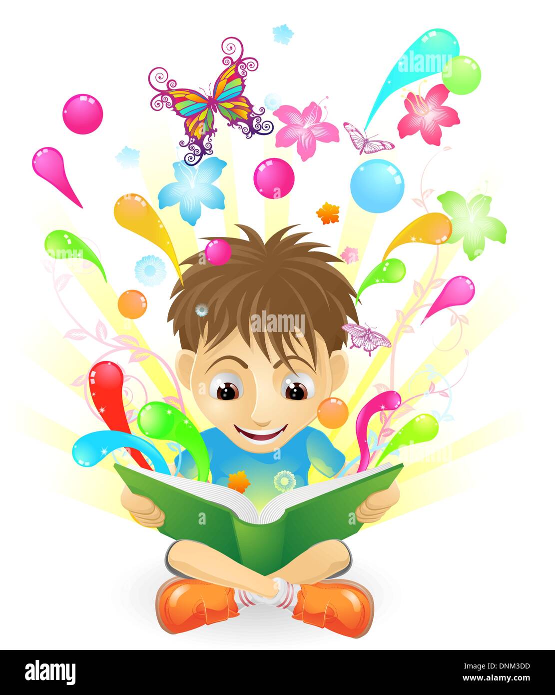 A boy reading an amazing book, his imagination bringing the content to ...