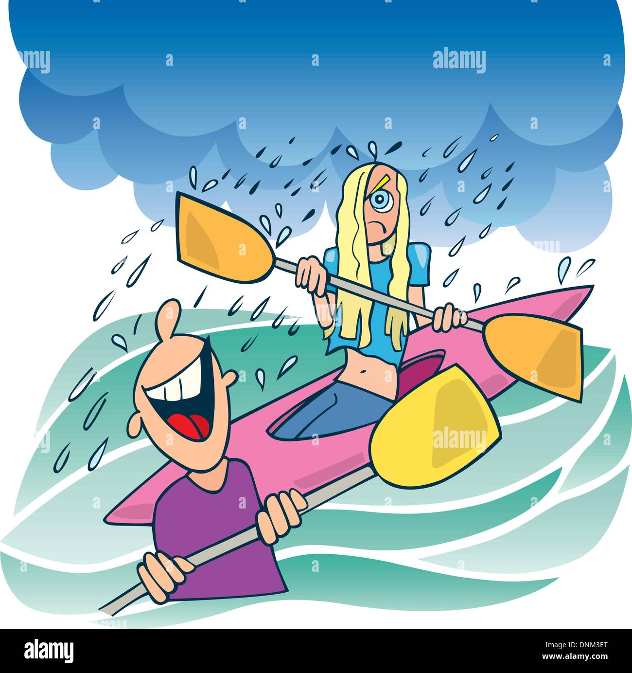 Cartoon illustration of wet angry blond girl in kayak, bad rainy ...