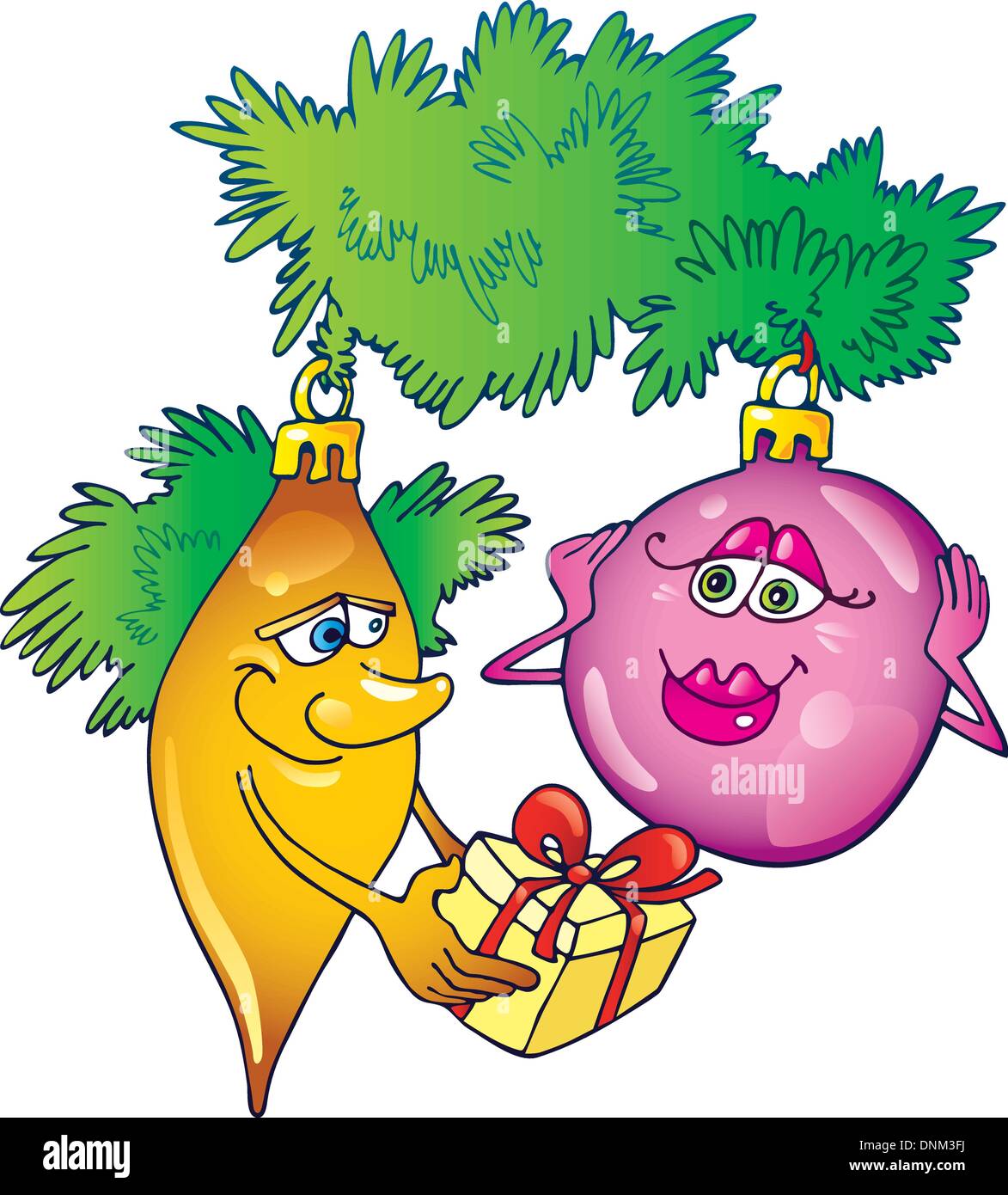 cartoon illustration of Two glass bubbles on christmas tree with gift ...