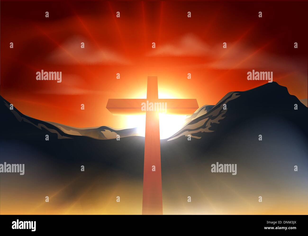 Christian cross with sun rising behind it over a mountain range. Could ...