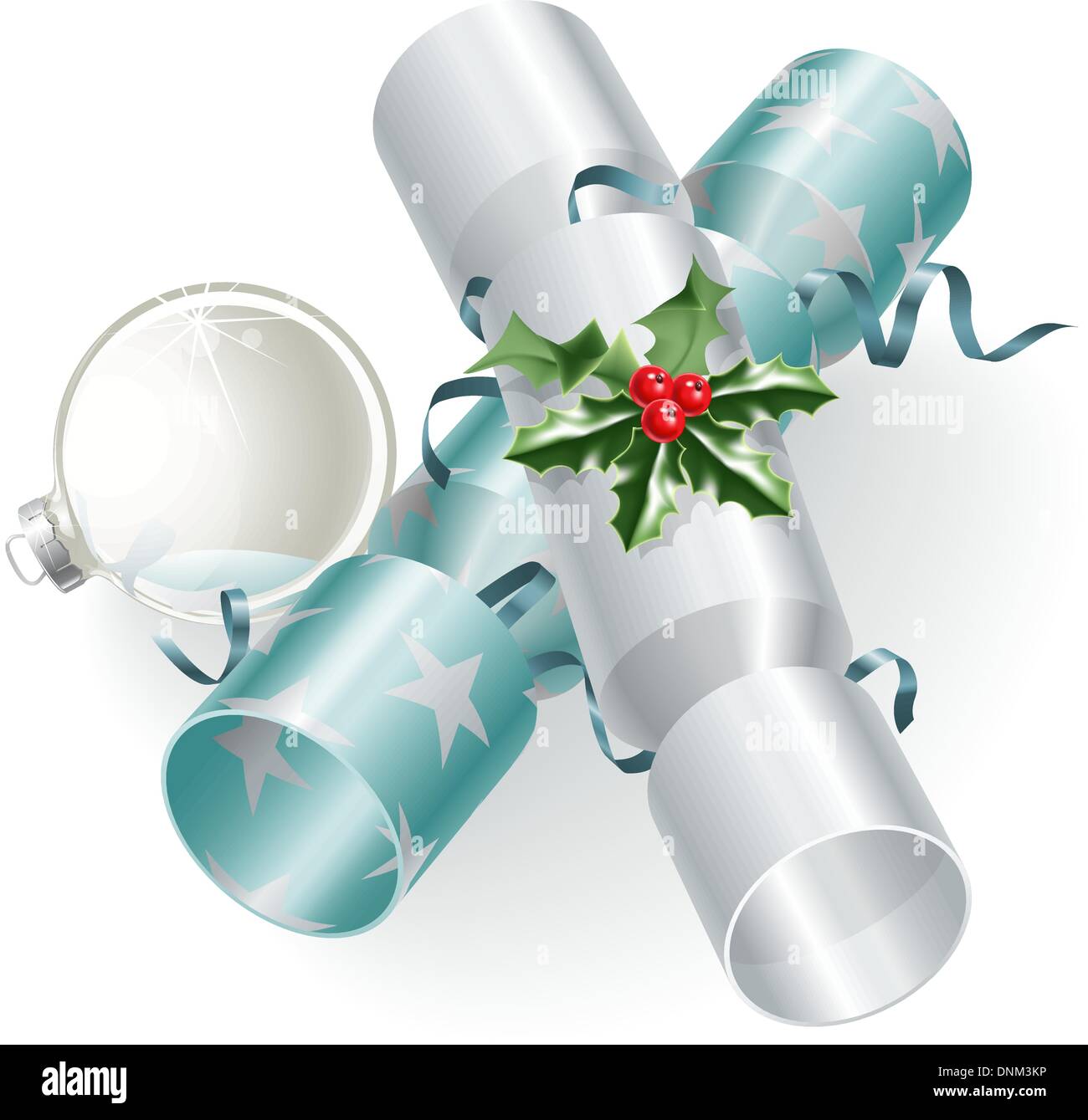An illustration of turquoise blue and silver Christmas crackers with ...