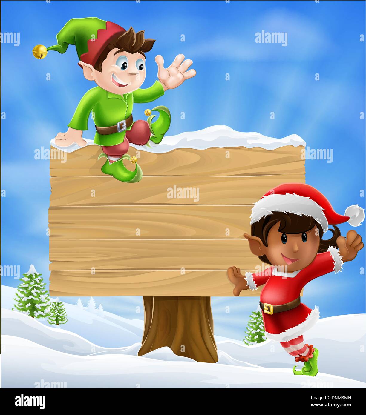Seasonal cartoon of two Christmas elves and a sign in the snow with ...