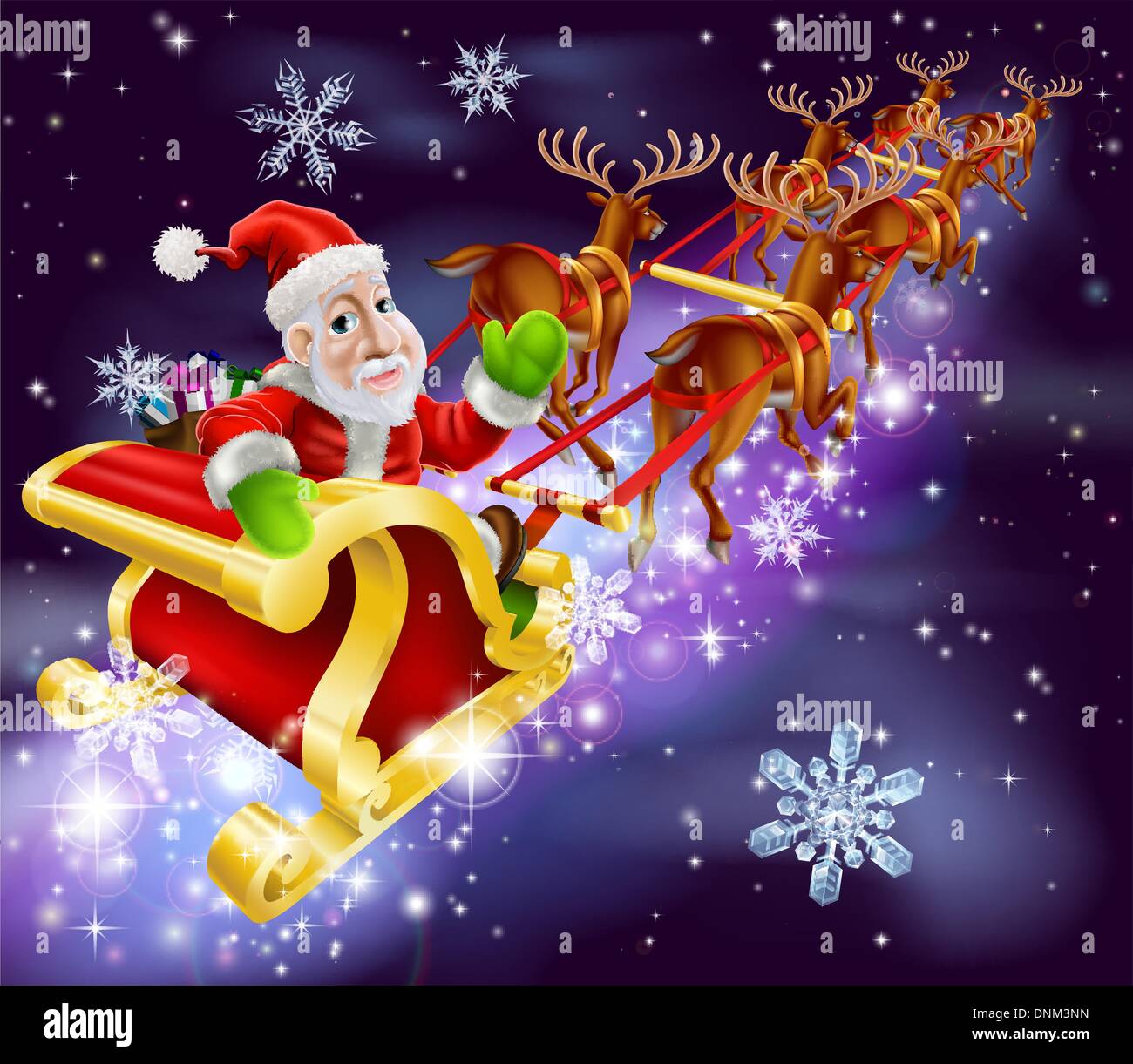 Christmas illustration of Santa Claus flying in his sled or sleigh with ...