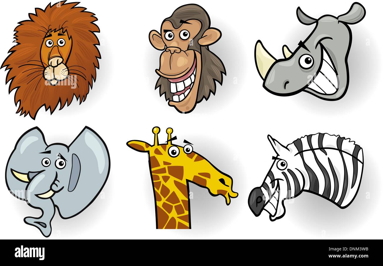 Cartoon Illustration of Different Funny Wild Animals Heads Set: Lion ...