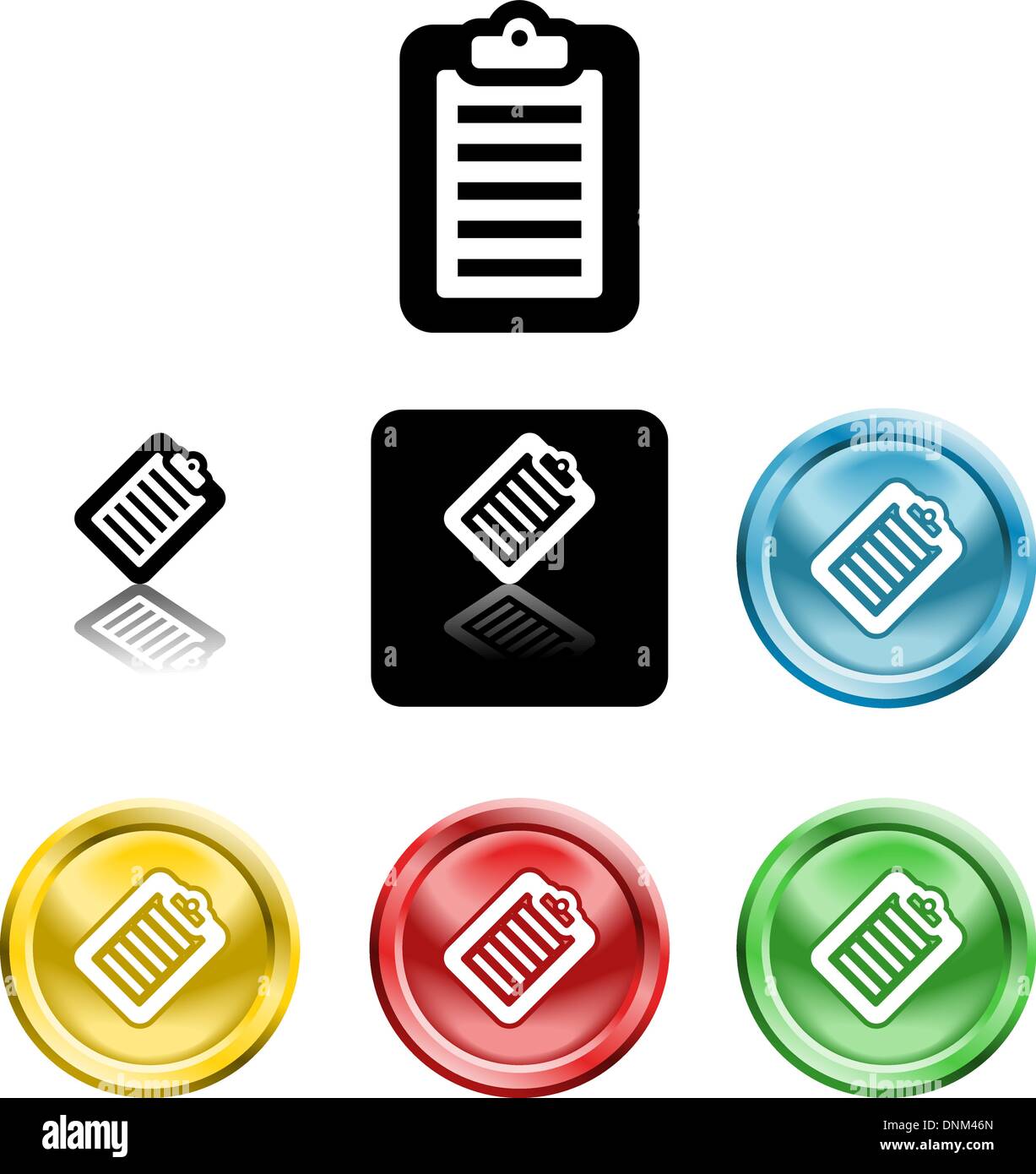 Several versions of an icon symbol of a stylised clipboard with ...