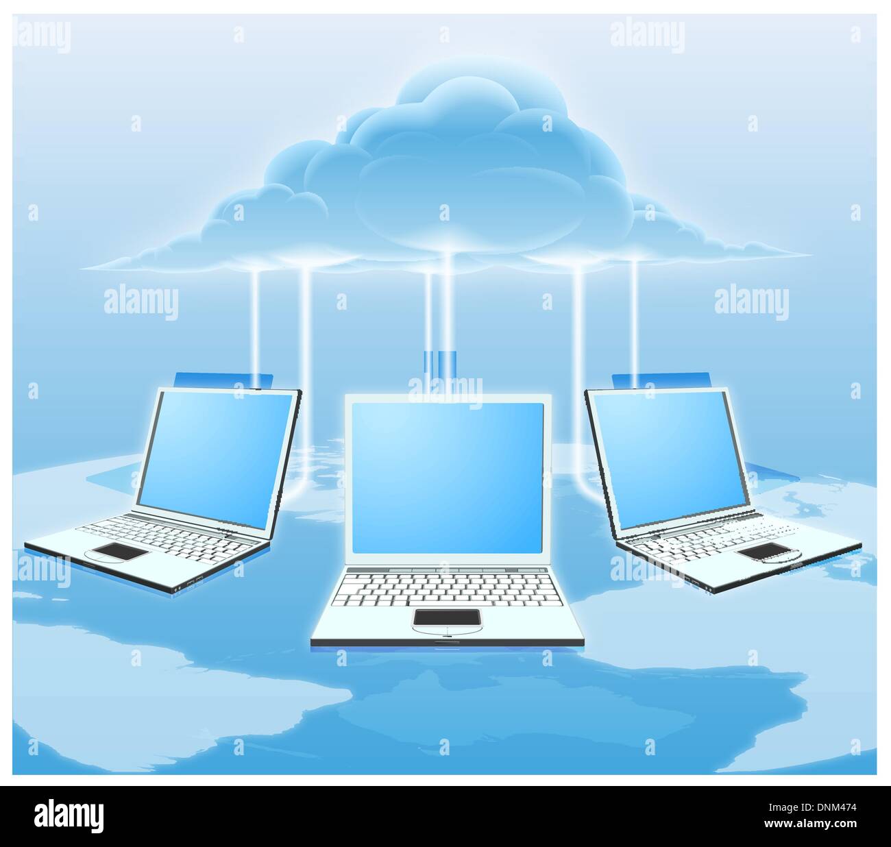 A conceptual cloud computing illustration. Laptops connected to the ...