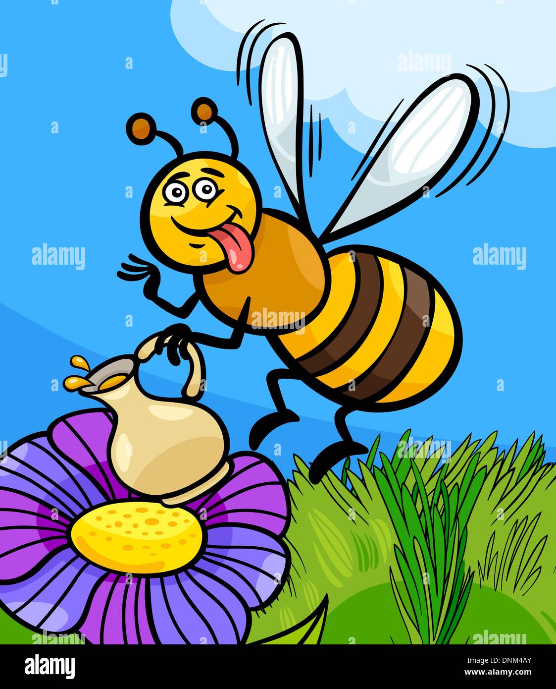 Cartoon Illustration of Funny Bee on the Meadow with Pot of Honey or ...