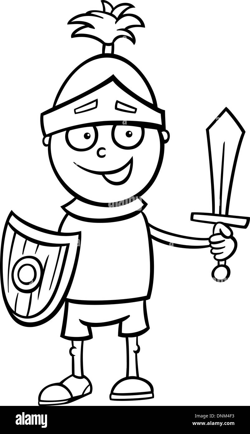 Black and White Cartoon Illustration of Cute Little Boy in Knight ...