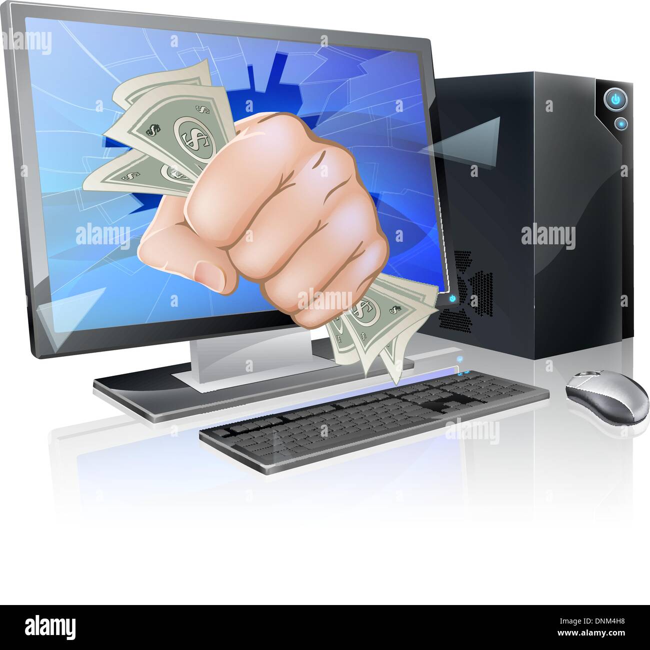 An illustration of a desktop computer with a fist full of dollars ...