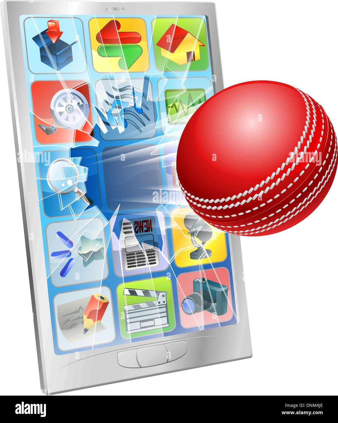 Illustration of an cricket ball flying out of cell phone screen Stock ...