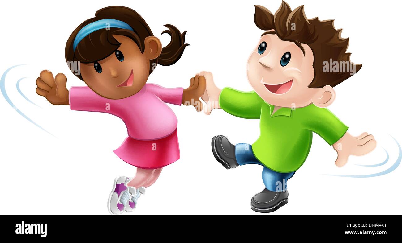 An illustration of two cute happy cartoon dancers dancing together ...