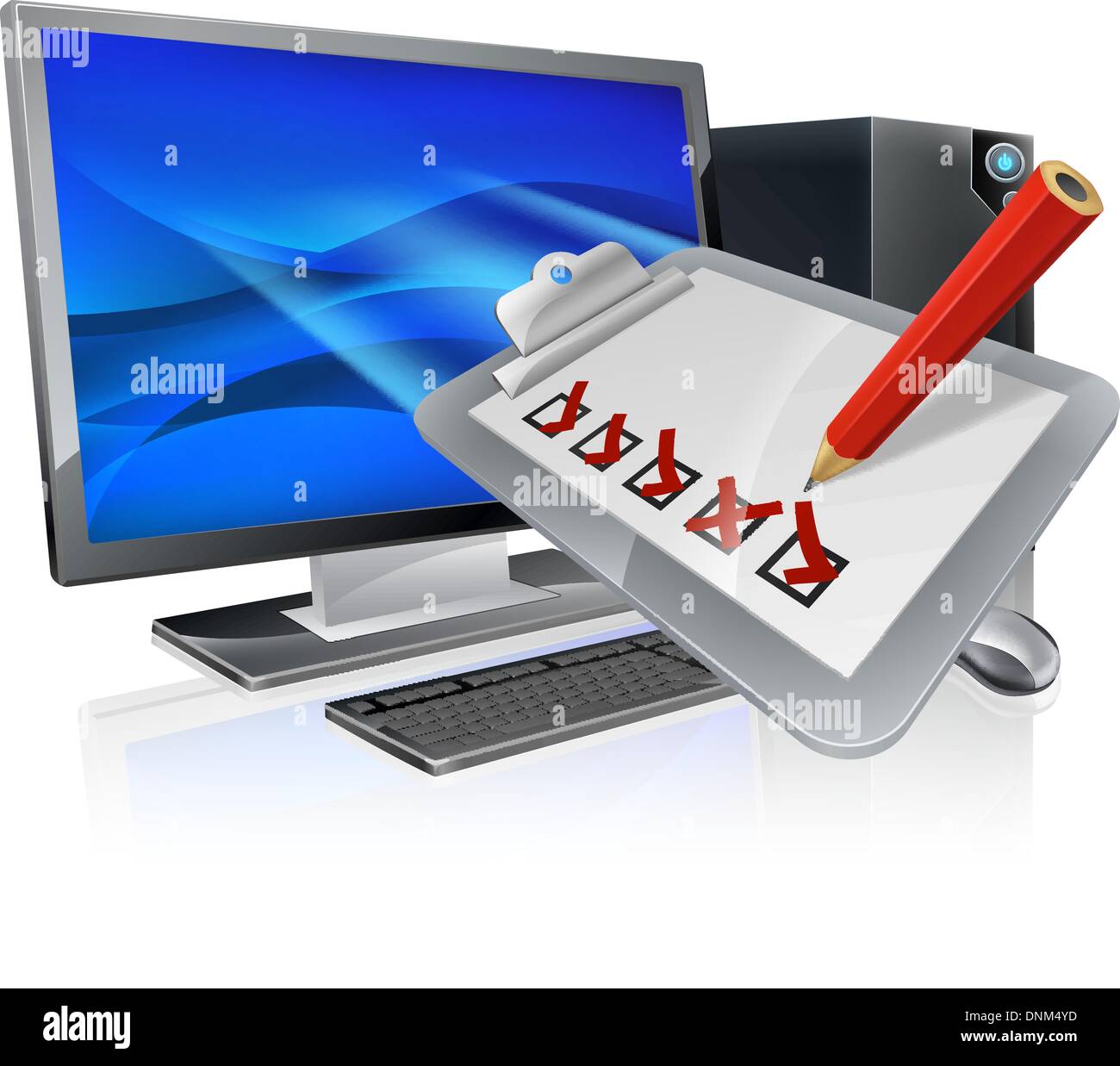 Desktop computer with survey clip board flying out of screen. Online survey, questionnaire or ...