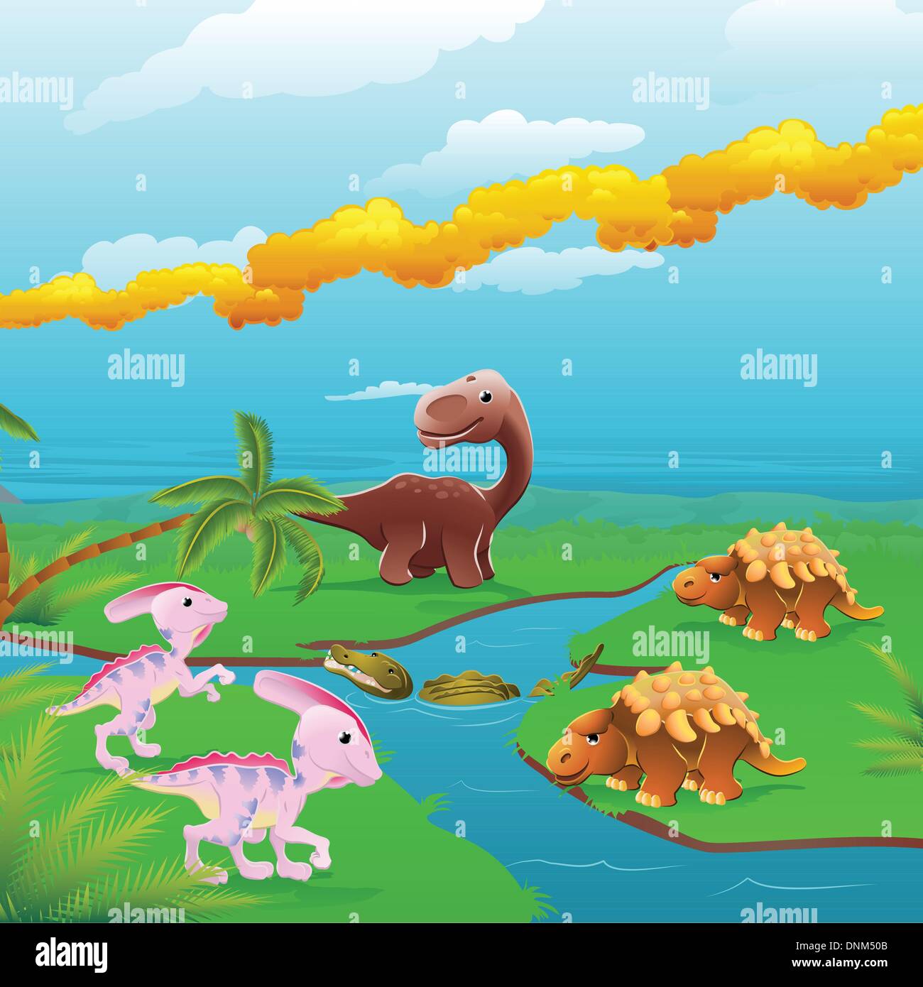 Cute dinosaurs in prehistoric scene. Series of three illustrations that ...