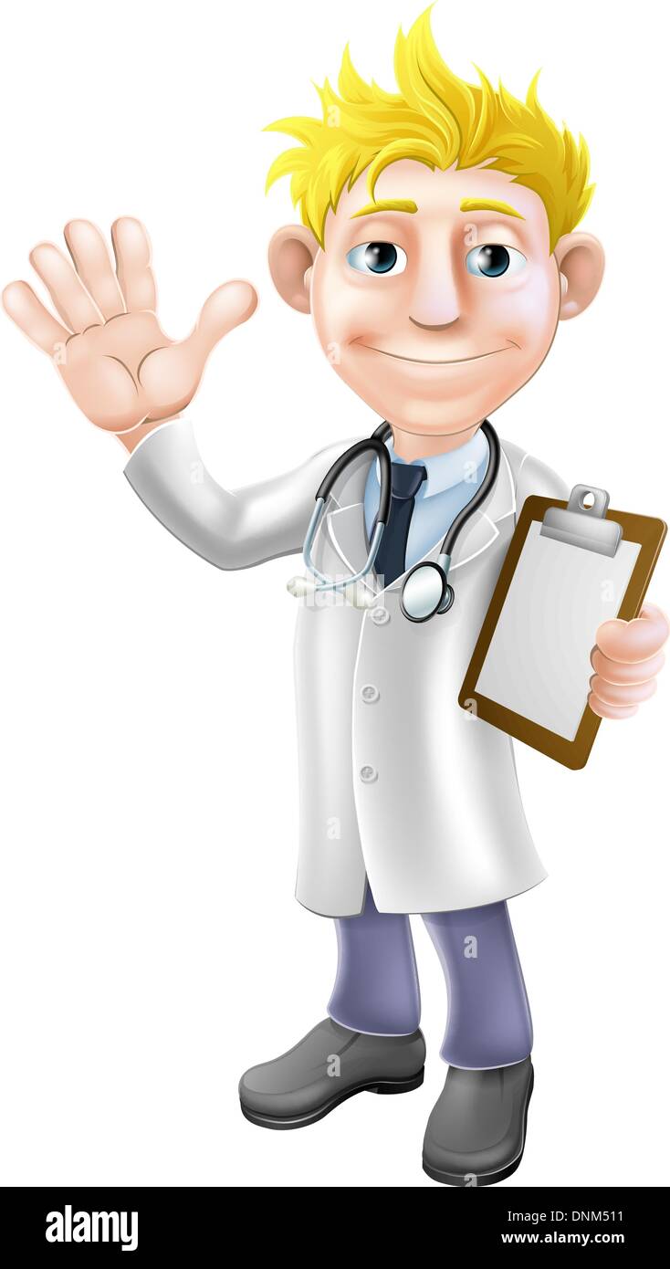 Illustration of a young cartoon doctor waving and holding a clipboard ...