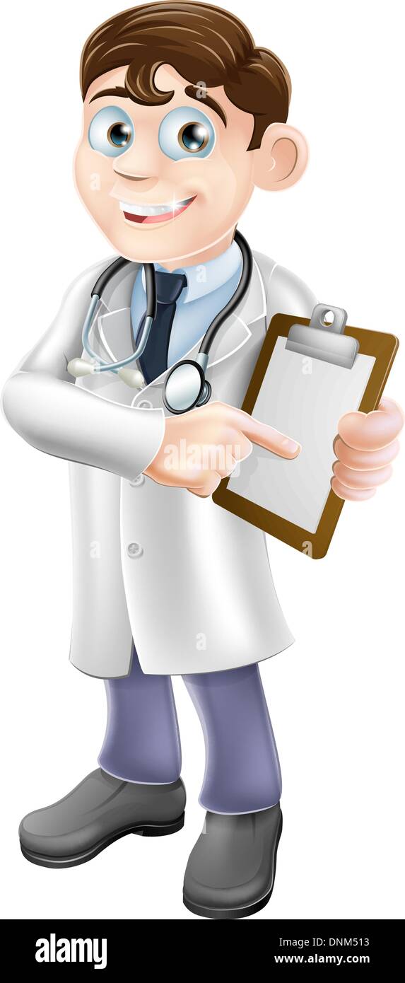 An illustration of a friendly cartoon doctor holding a clipboard and ...