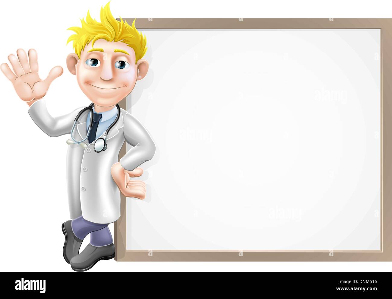 A cartoon doctor leaning on a big sign or banner with room for your ...
