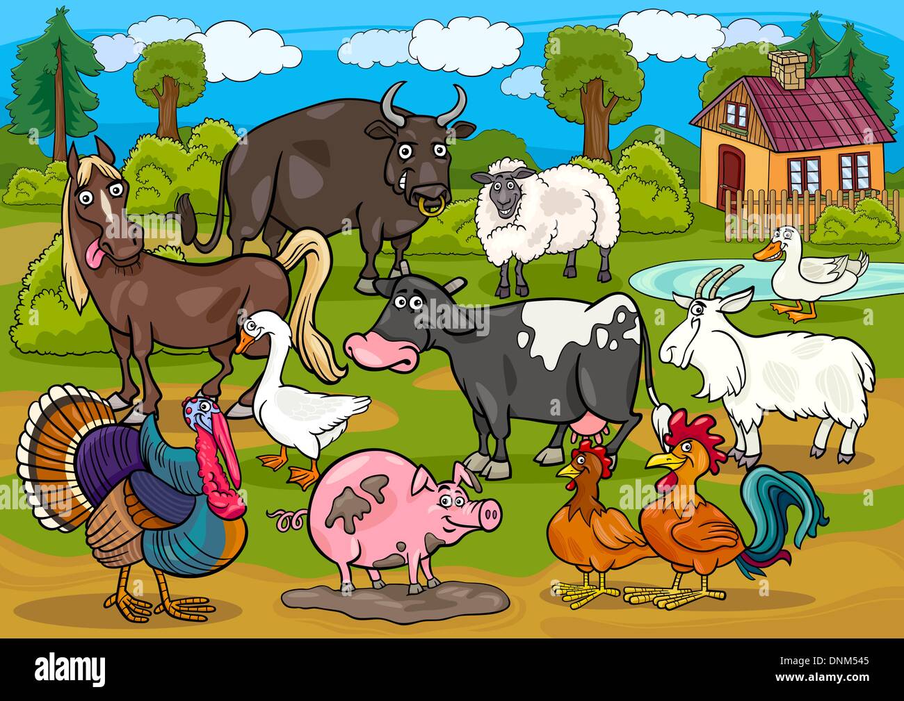Cartoon Illustration of Country Scene with Farm Animals Livestock Big ...