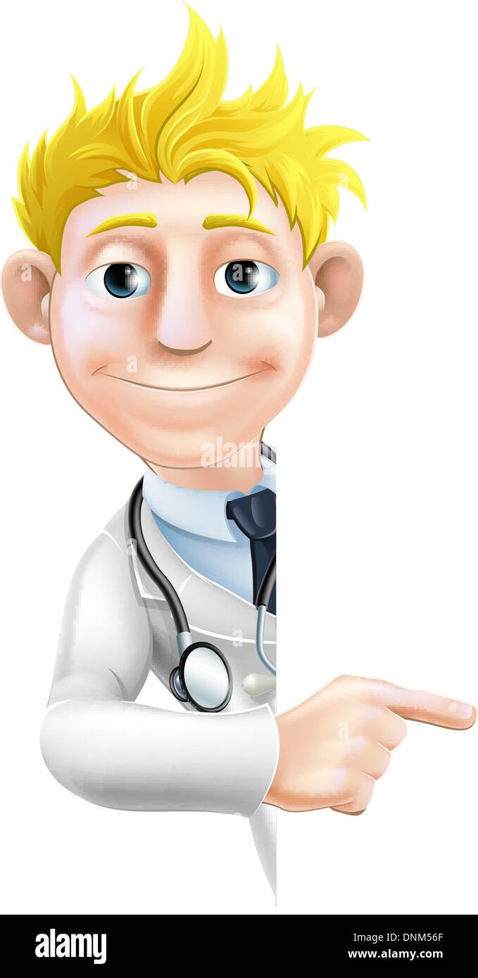 An illustration of a friendly cartoon doctor peeking round pointing at ...