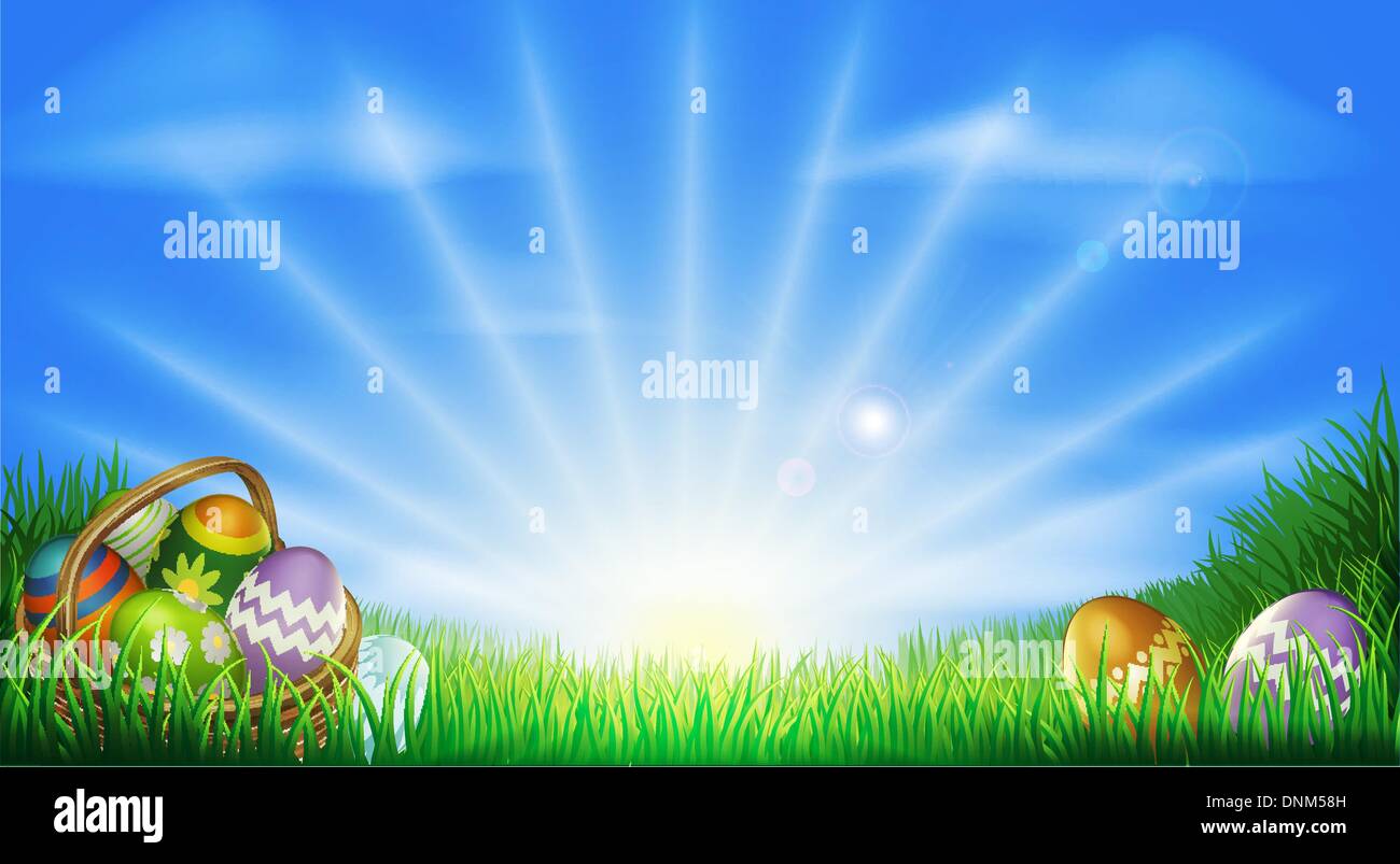 Easter background with decorated Easter eggs and Easter eggs in basket ...