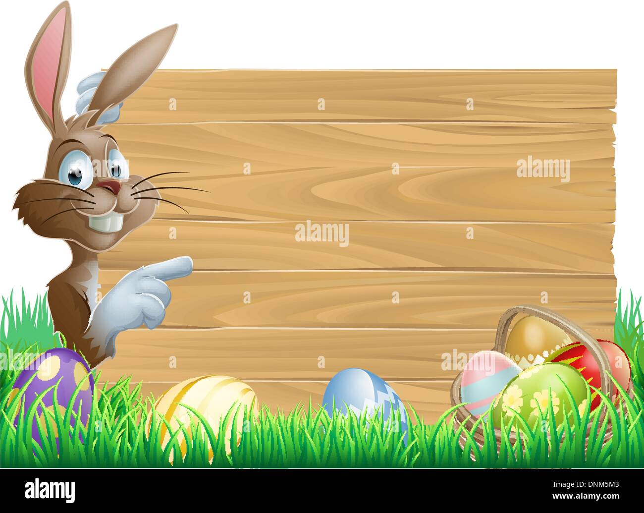 Easter bunny character pointing at a blank sign with space for text ...