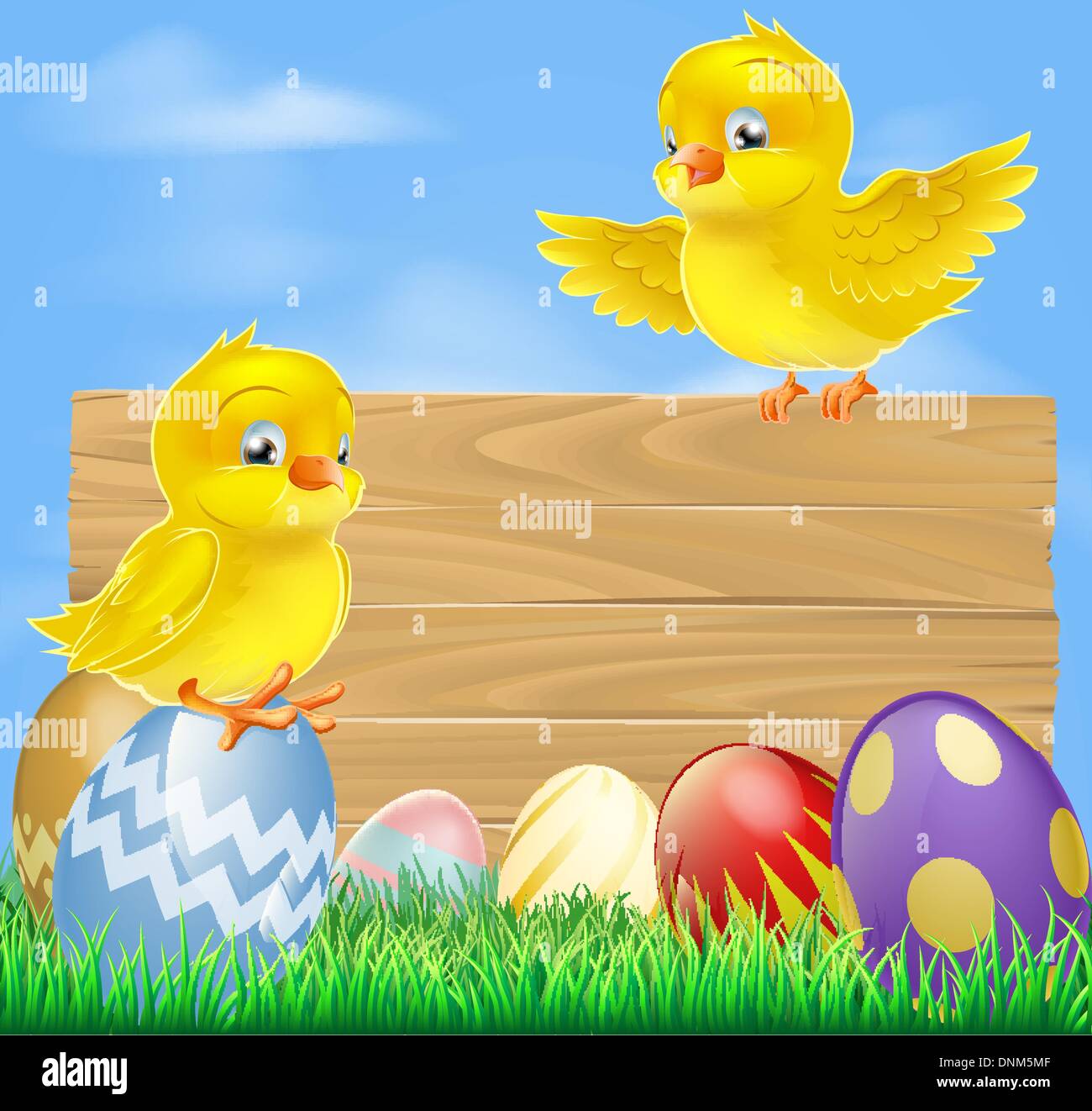An illustration of cute little yellow cartoon Easter chicks and wooden ...