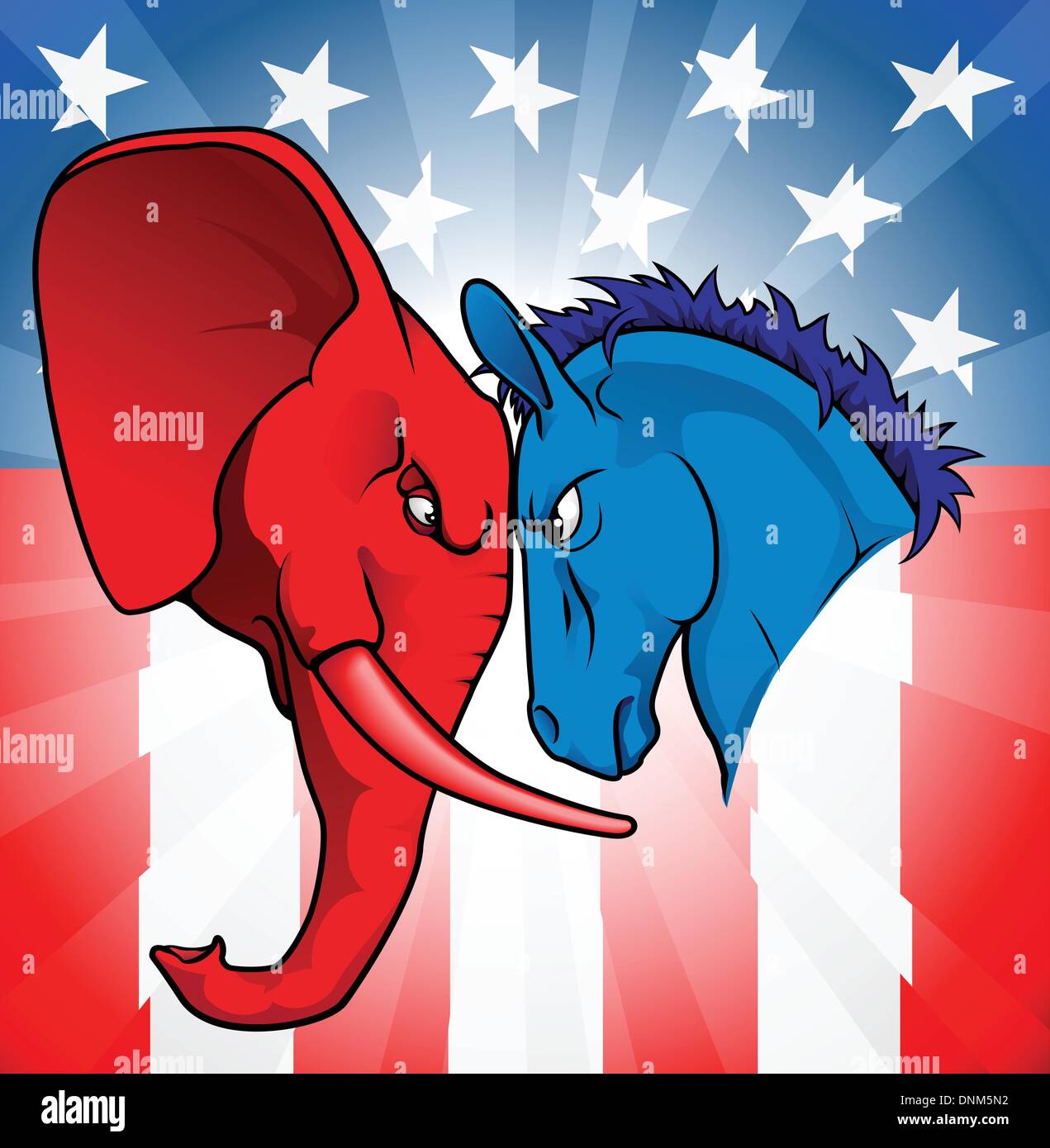 The democrat and republican symbols of a donkey and elephant facing off ...