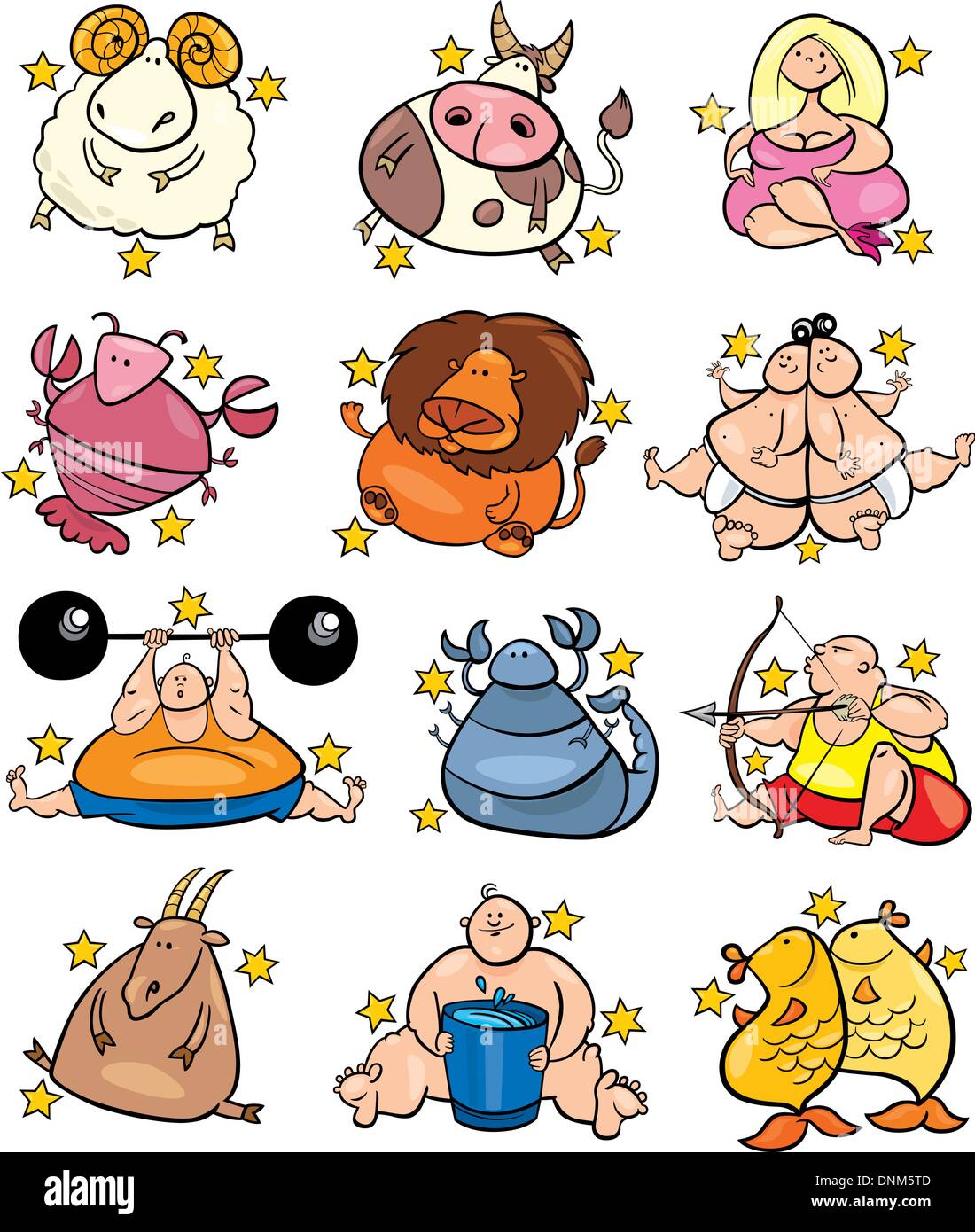 Illustration of overweight humorous cartoon zodiac horoscope signs set ...