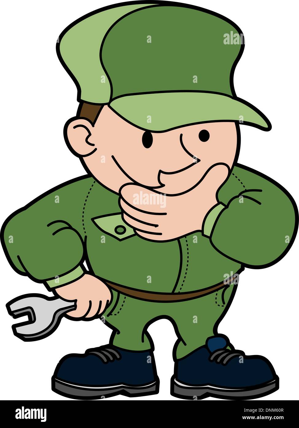 Illustration of mechanic holding wrench with thoughtful expression ...