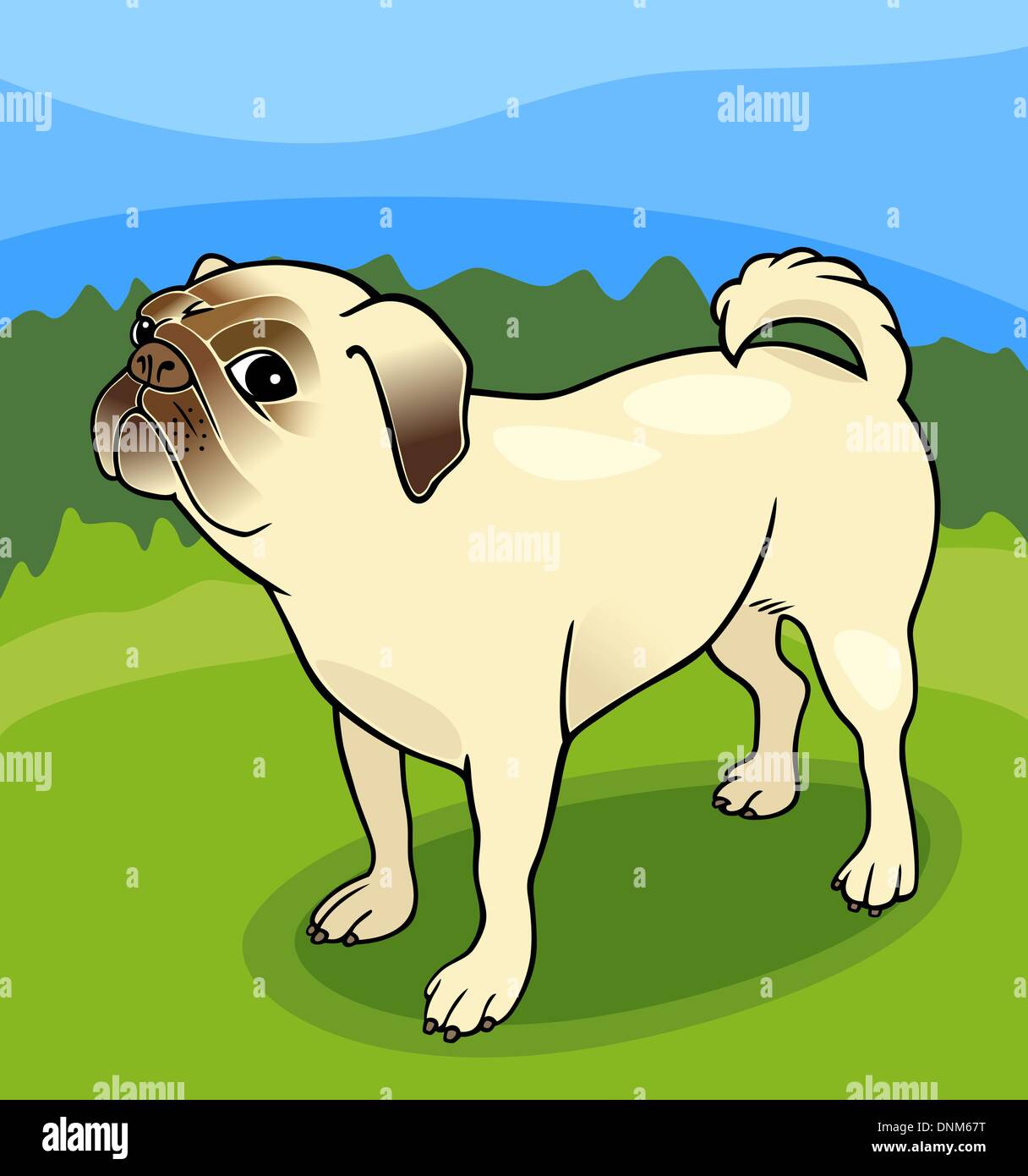 Cartoon Illustration of Cute Pug Dog against Blue Sky and Green Grass ...