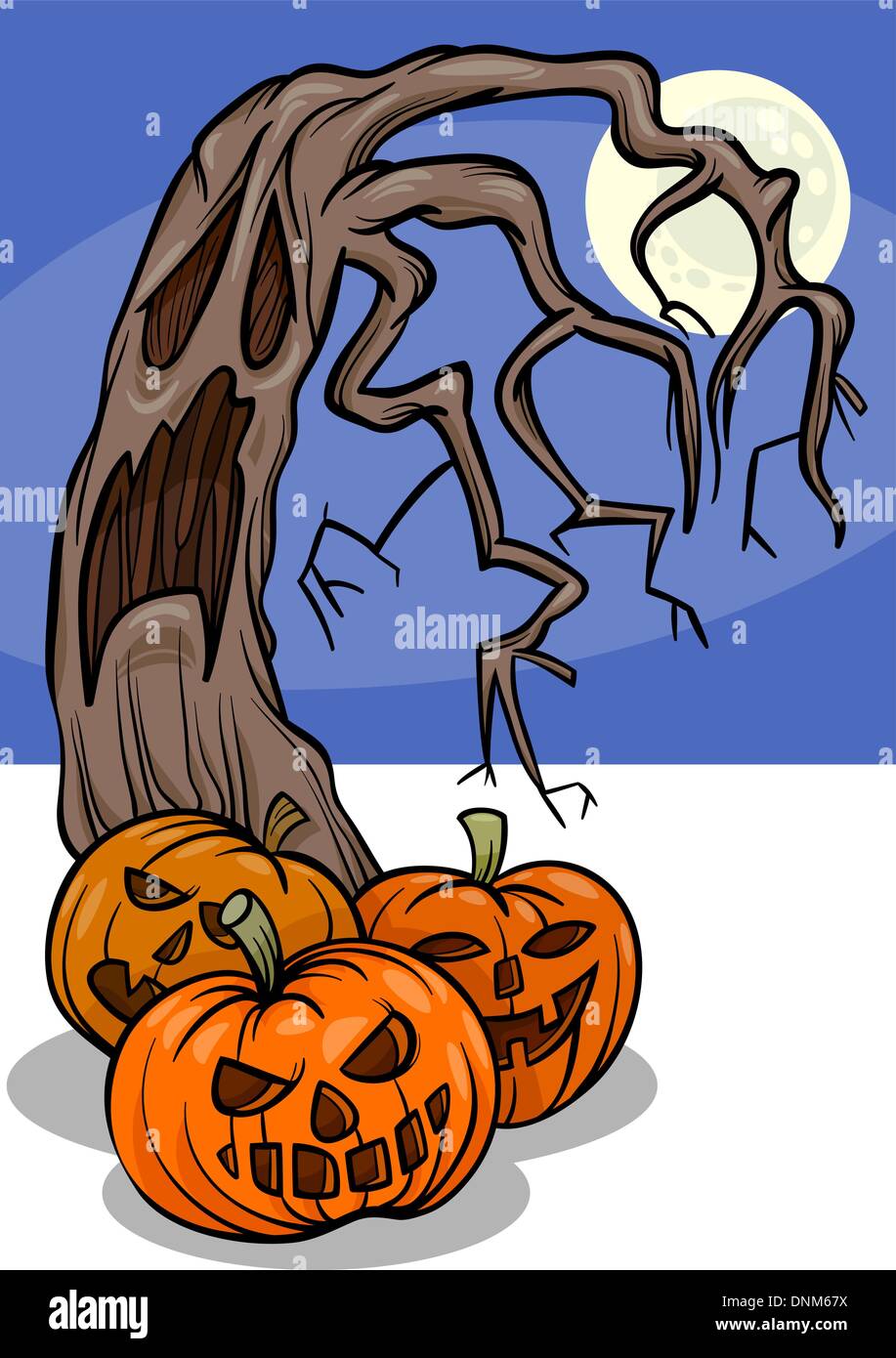 Cartoon Illustration of Halloween Pumpkins with Spooky Tree Stock ...