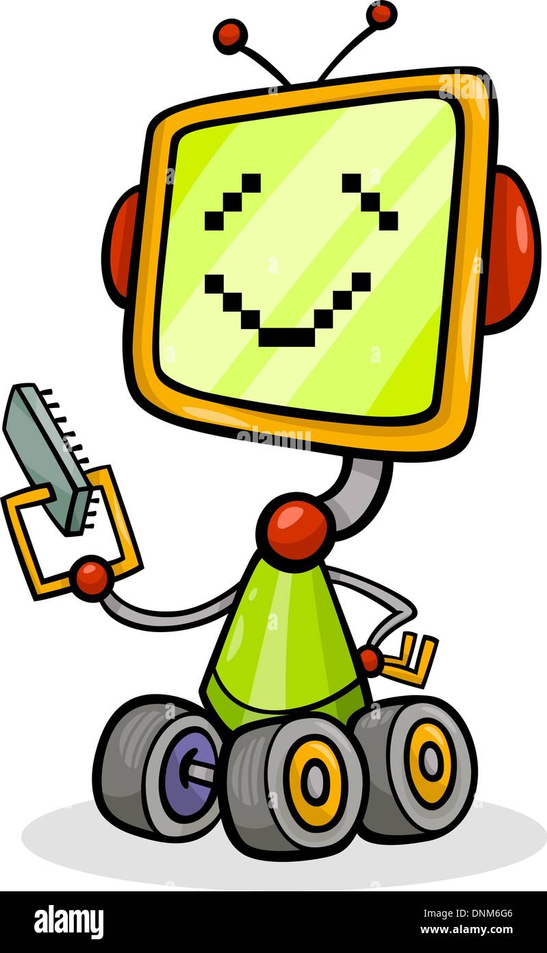Cartoon Illustration of Happy Robot or Droid with Micro Chip or ...