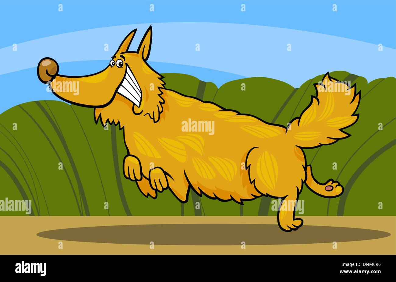 Cartoon Illustration of Funny Running Shaggy Dog against Rural Scene ...