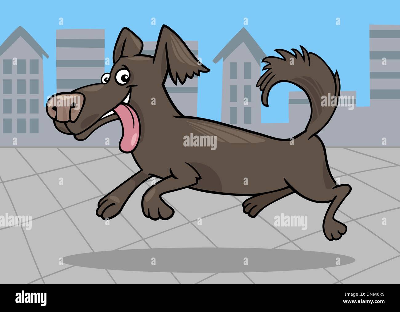 Cartoon Illustration of Funny Little Running Shaggy Dog against Blue ...