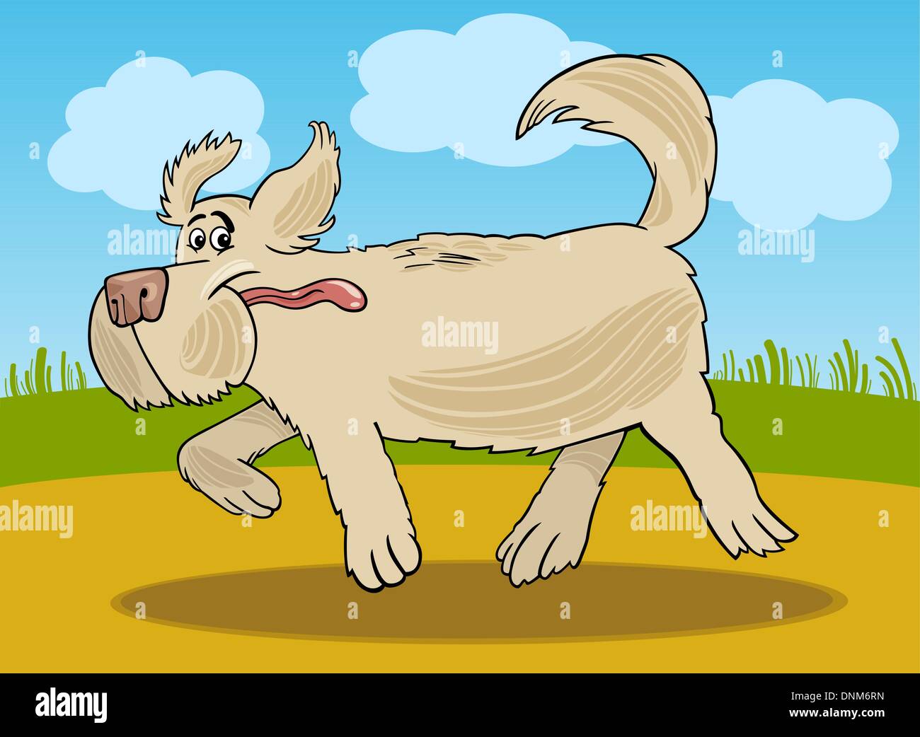 Cartoon Illustration of Funny Running Shaggy Sheepdog Dog against Rural ...