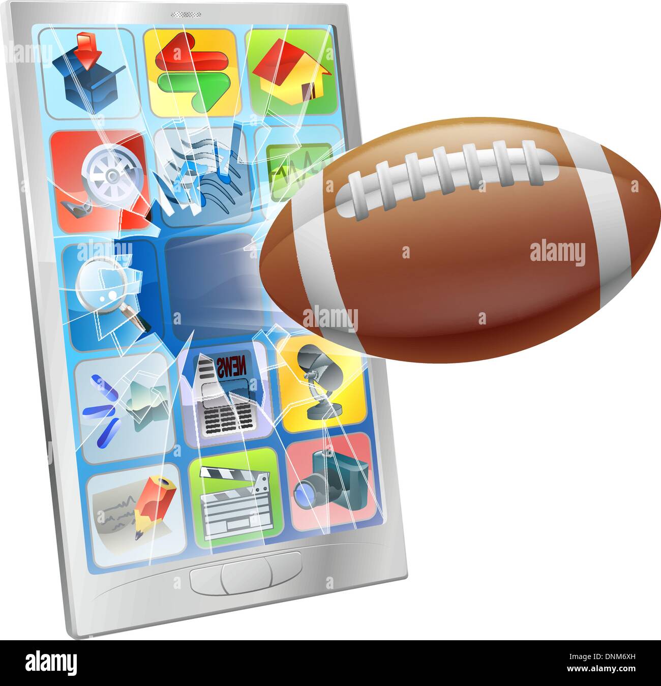 Illustration of an American football ball flying out of mobile phone ...