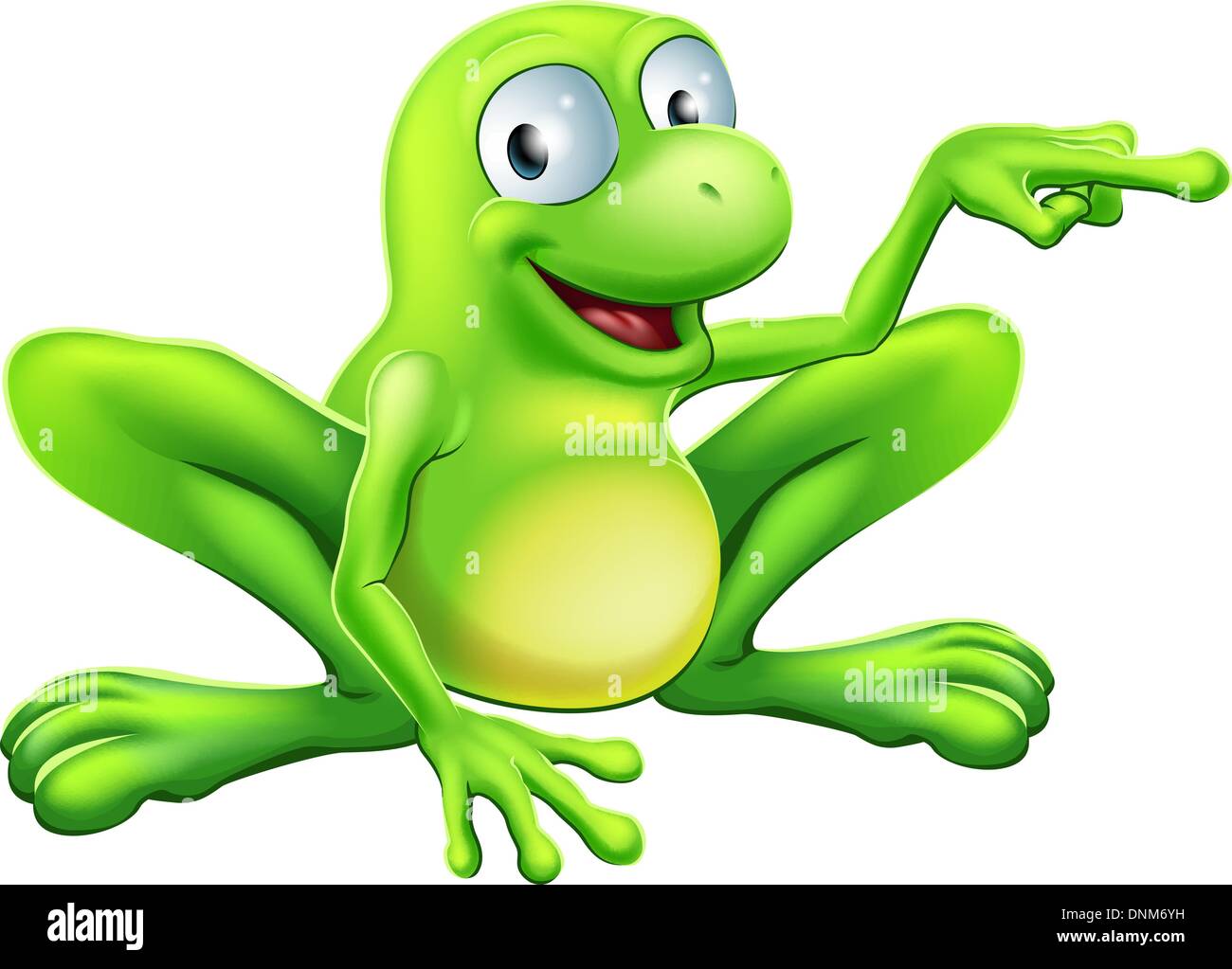 An illustration of a cute green happy frog character pointing or ...