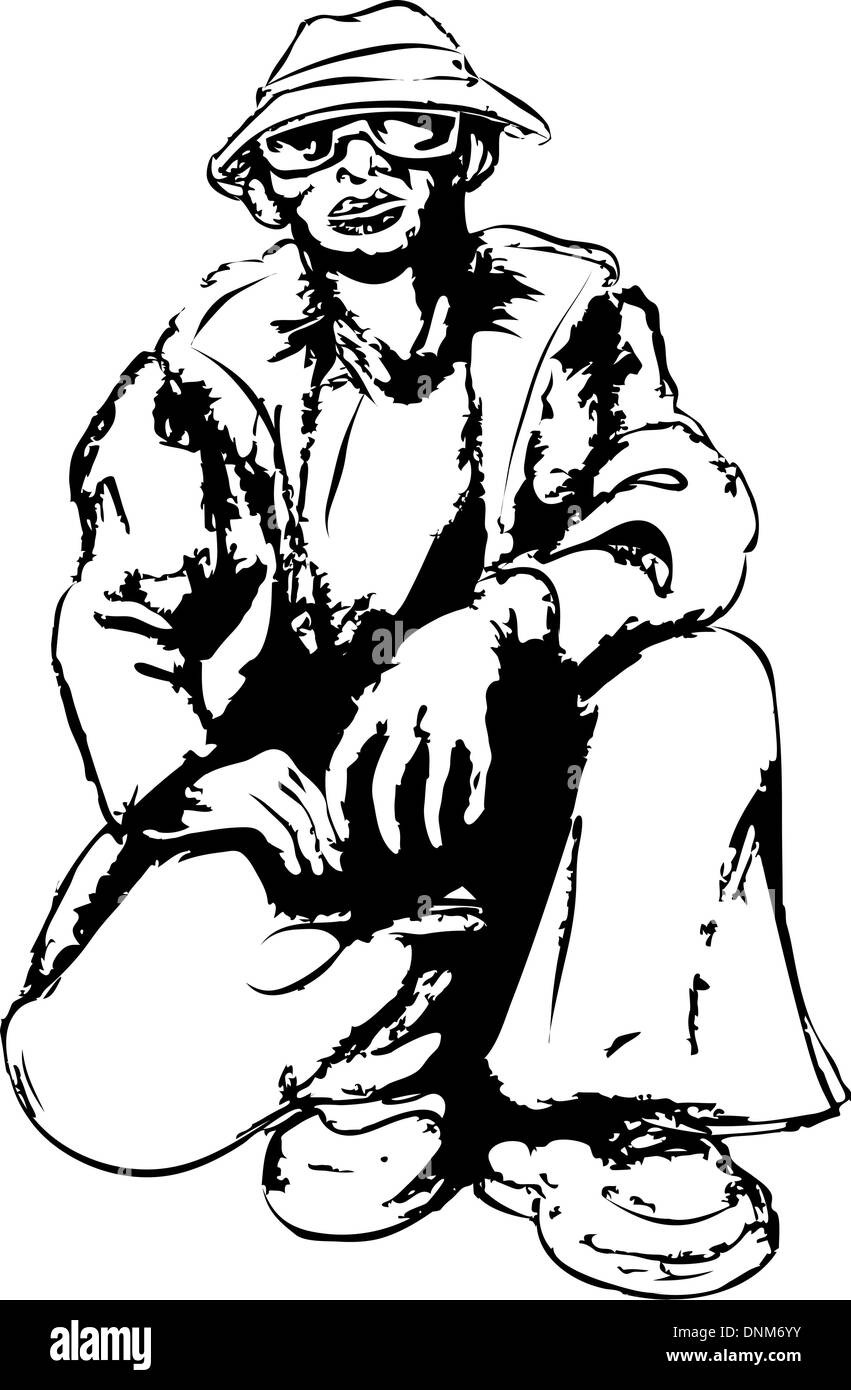Black and white illustration of young man in funky outfit Stock Vector ...