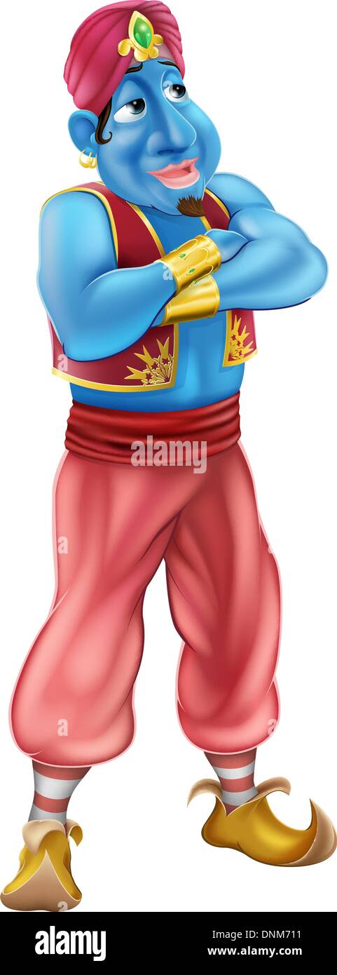 Illustration of a friendly looking blue cartoon genie standing with his ...