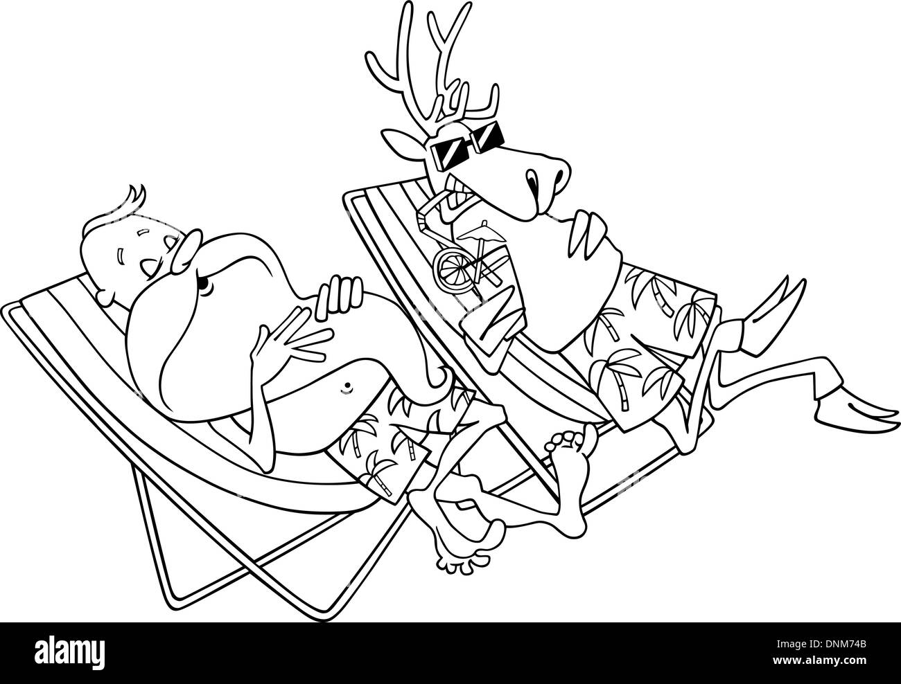 cartoon illustration of santa and reindeer having a rest for coloring ...
