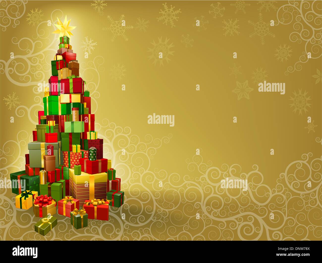 Christmas background with gifts stacked in tree shape with star Stock ...