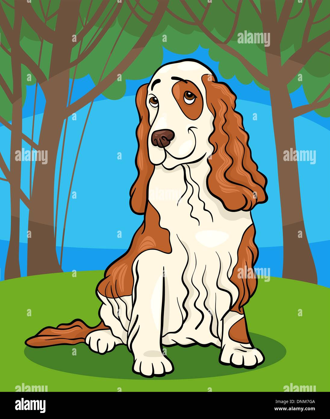 Cartoon Illustration of Funny Cocker Spaniel Dog against Rural Scene ...