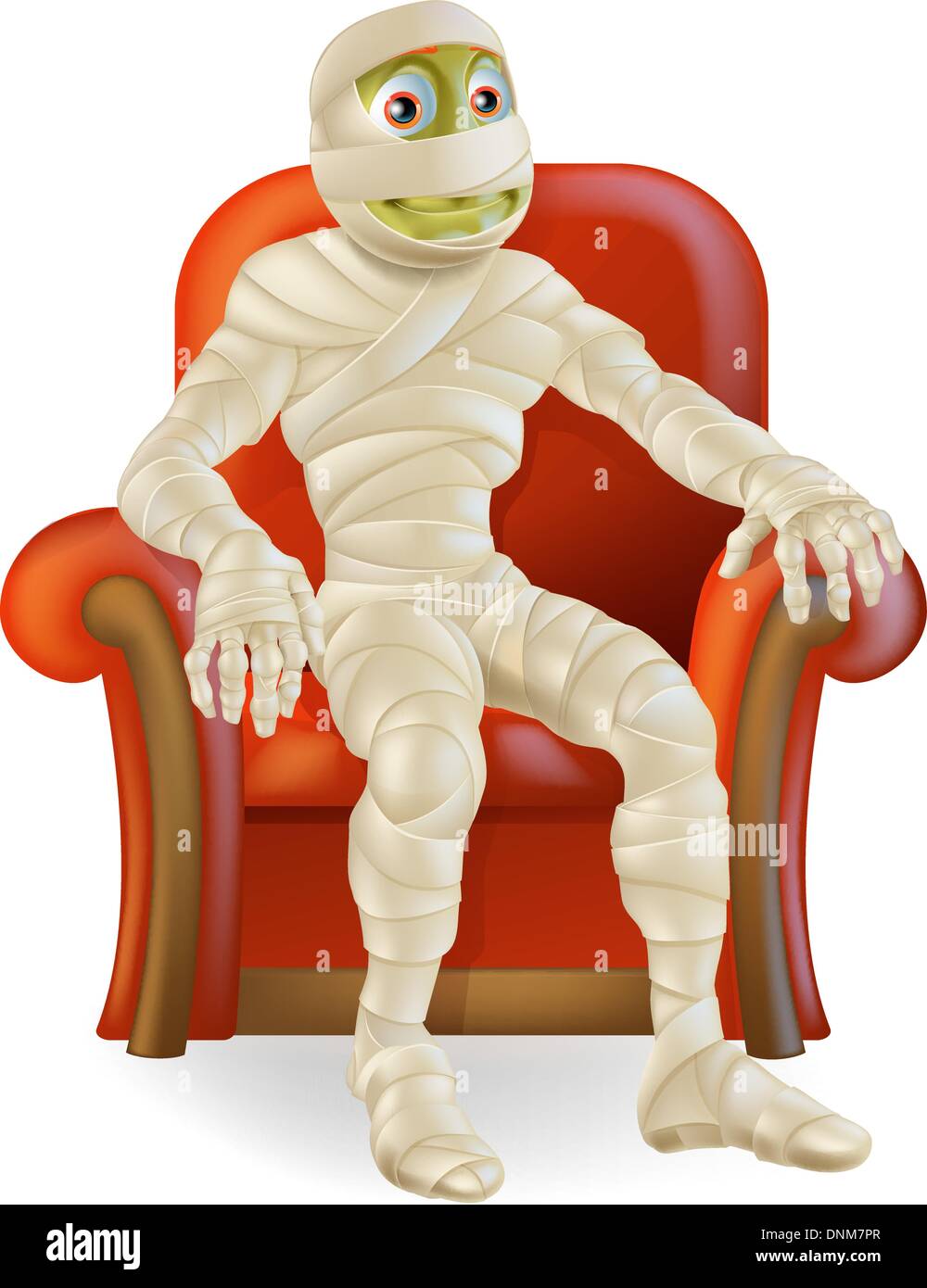 An illustration of a cartoon mummy charter sitting down in a nice arm ...