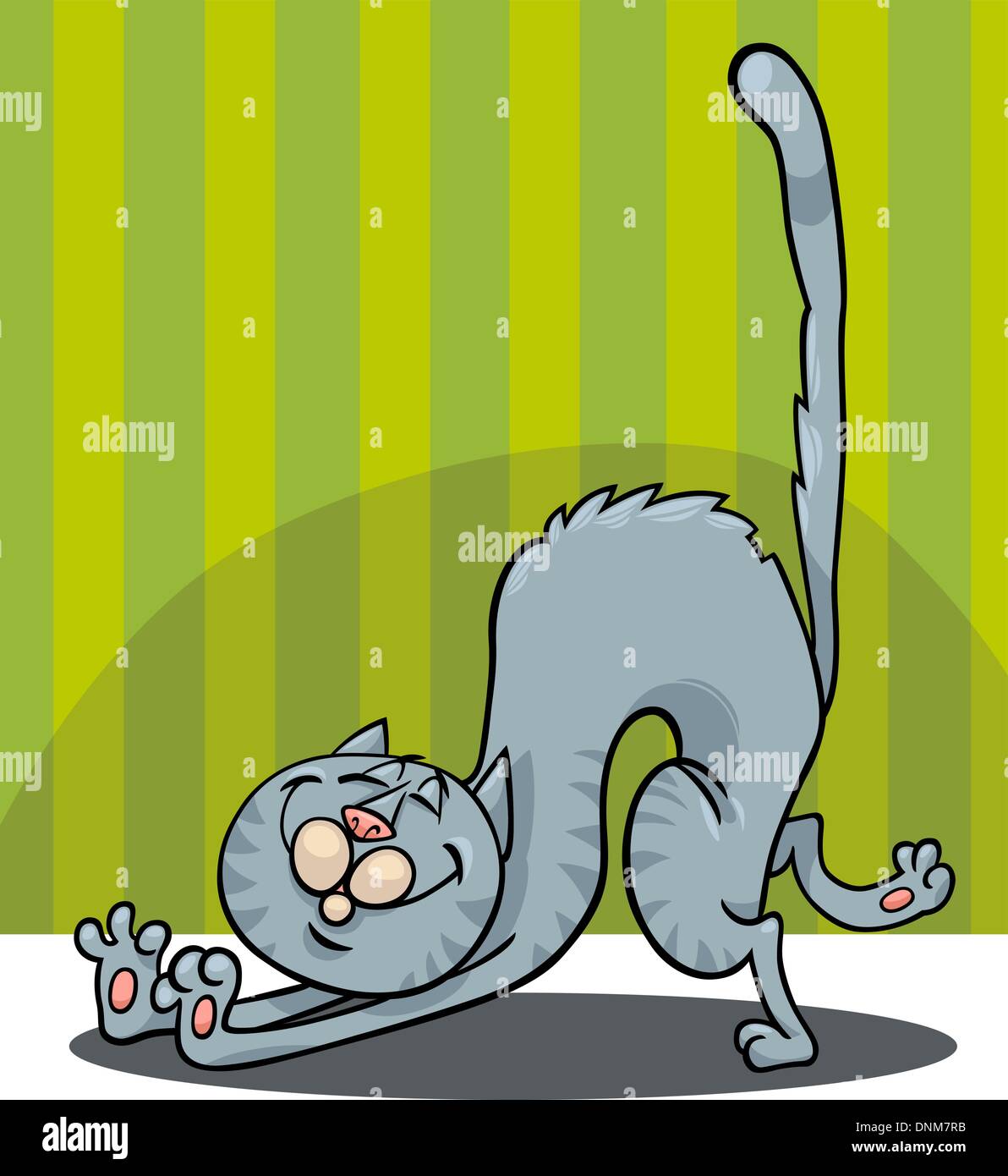 Cartoon Illustration of Stretching Happy Gray Cat Stock Vector Image ...