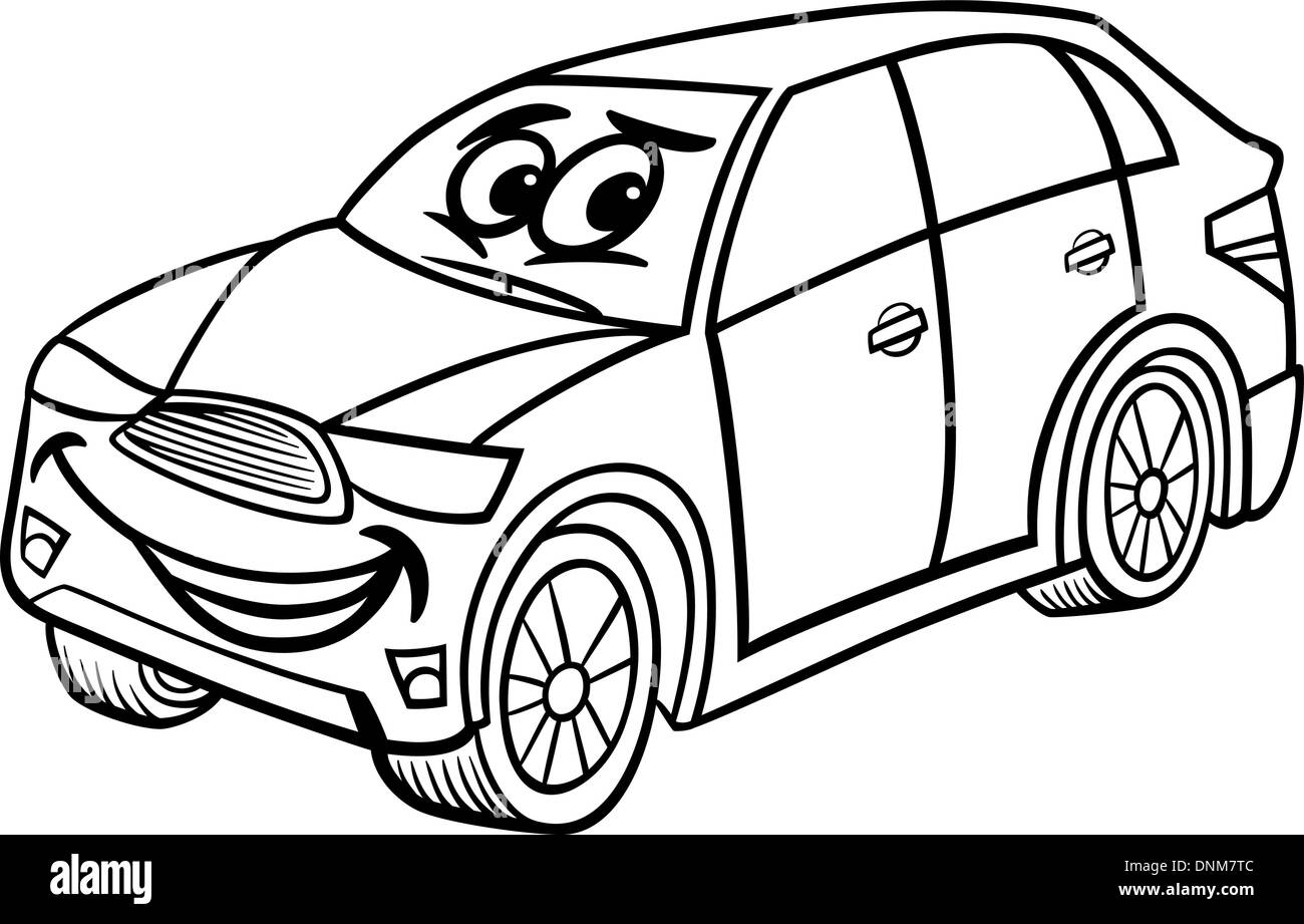 Black and White Cartoon Illustration of Funny SUV or Crossover Car ...