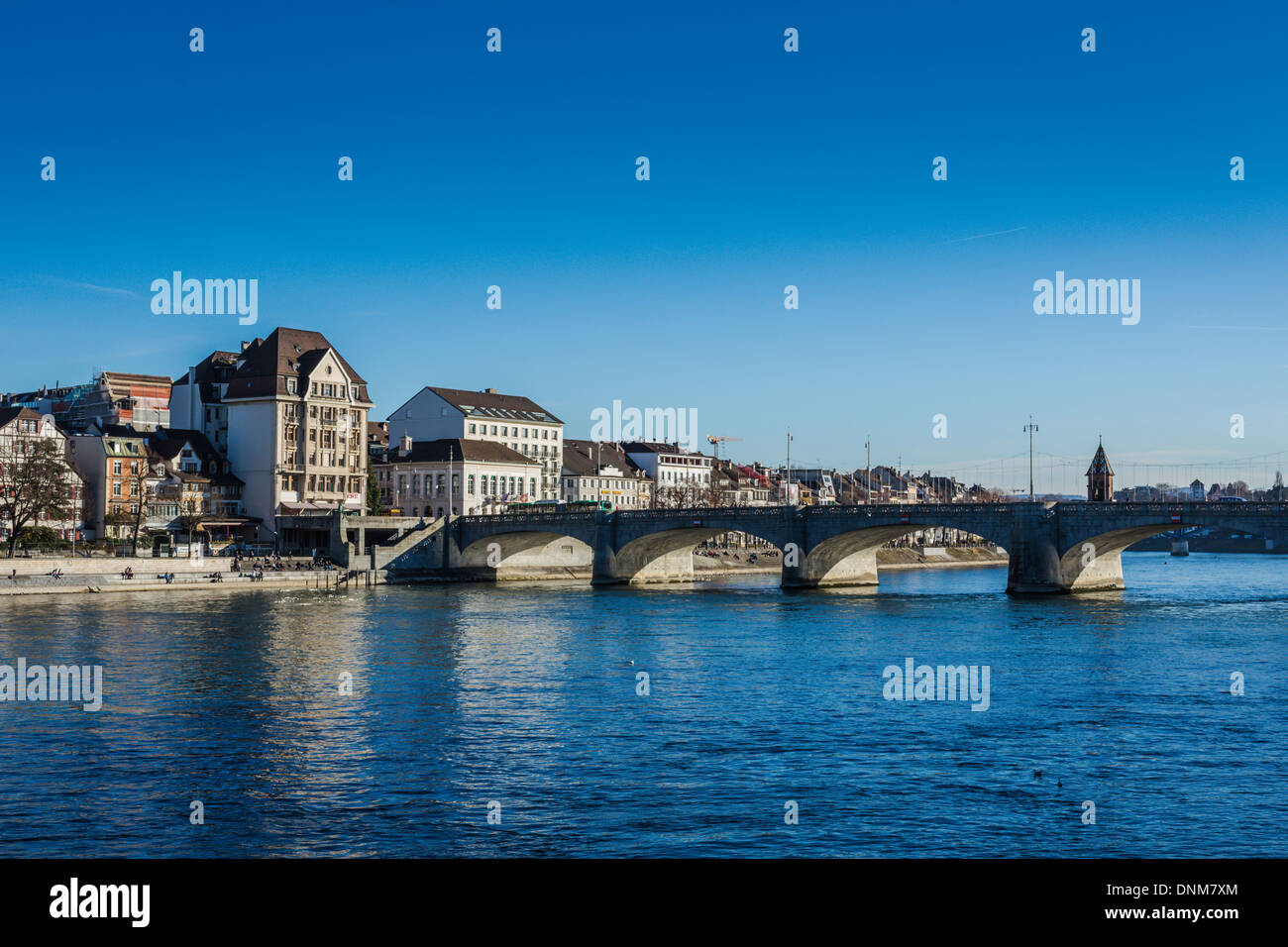 A photograph of Mittlerebrücke (Middle Bridge) in Basel, Switzerland ...