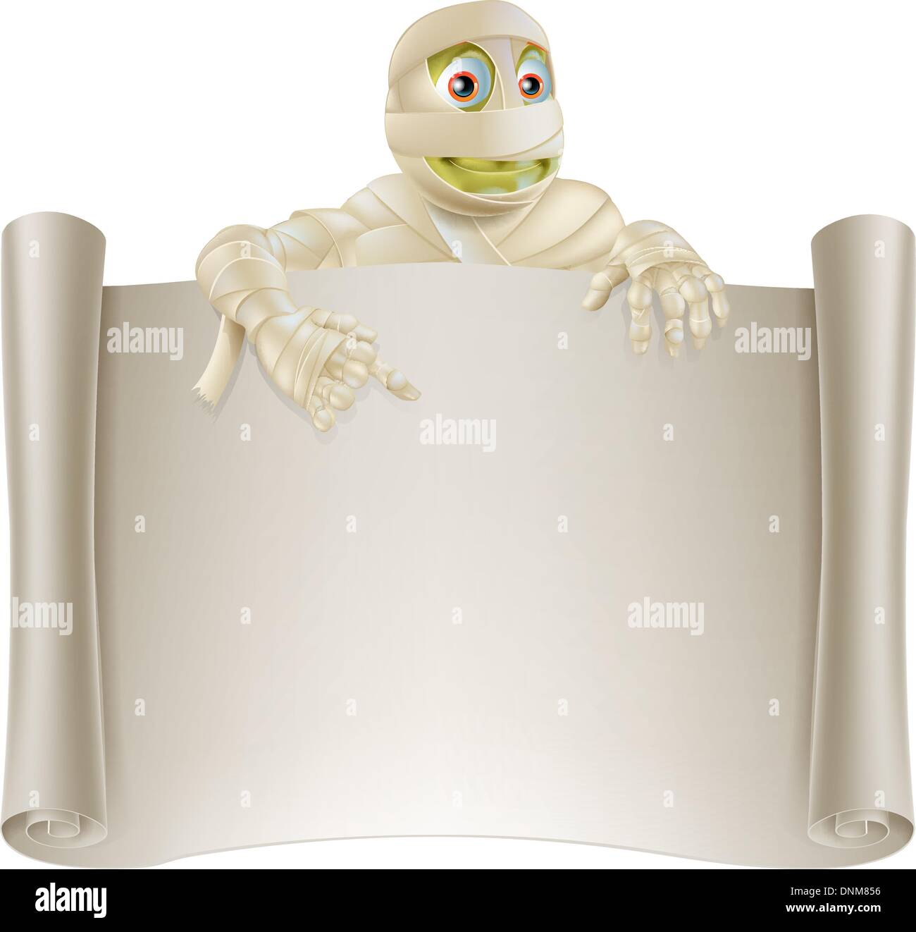 An illustration of a Halloween mummy character on top of a scroll sign ...